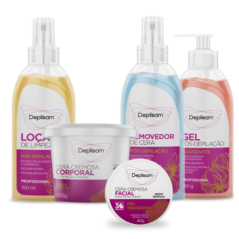 Kit completo Cera de micro-ondas Cremosa Corporal + Facial + Pré e Pós Mel